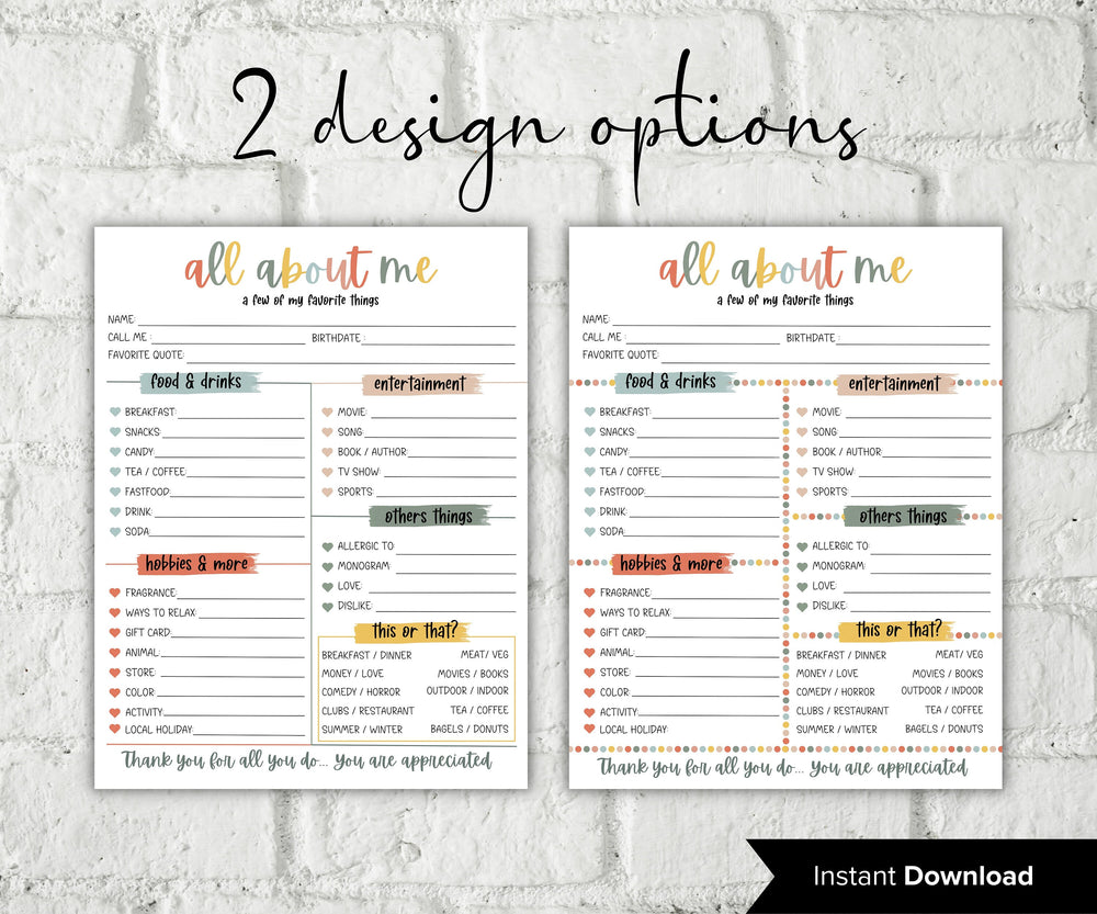 Favorites Survey, All about me Printable, Questionnaire, My Favorite ...