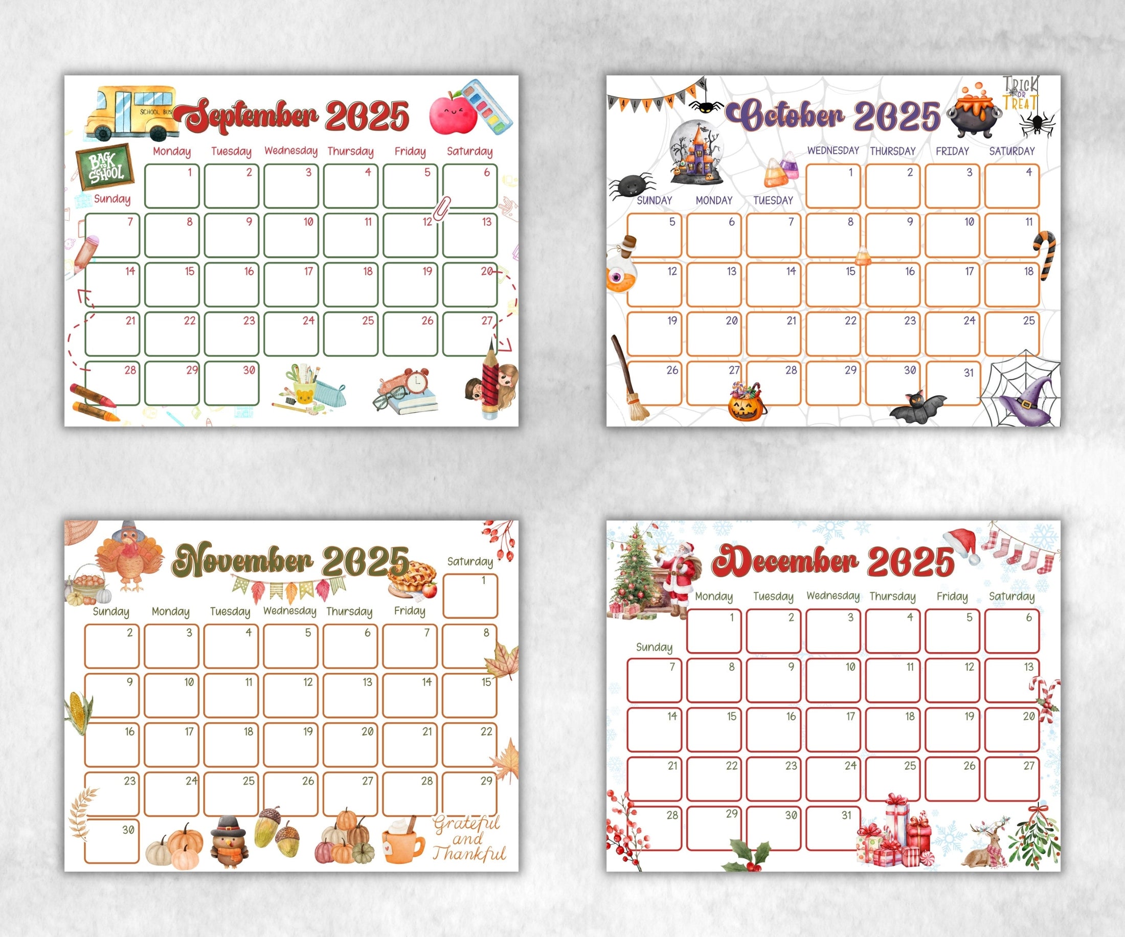 Kids Annual Monthly 2025 Calendar, Printable 2025 Calendar, Homeschool ...