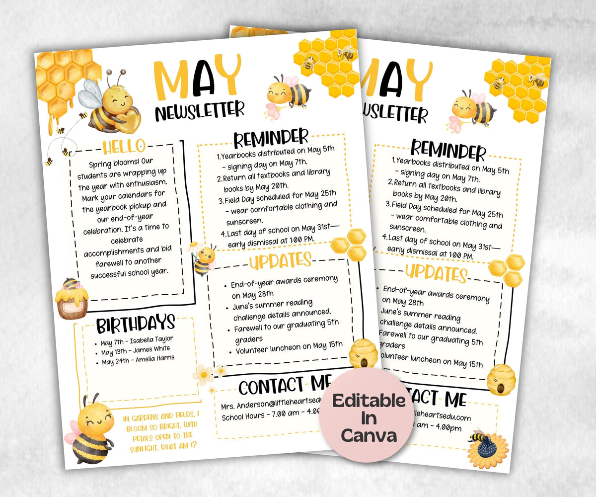May Honeybee Classroom Newsletter, Daycare Class Newsletter, Newsletter ...