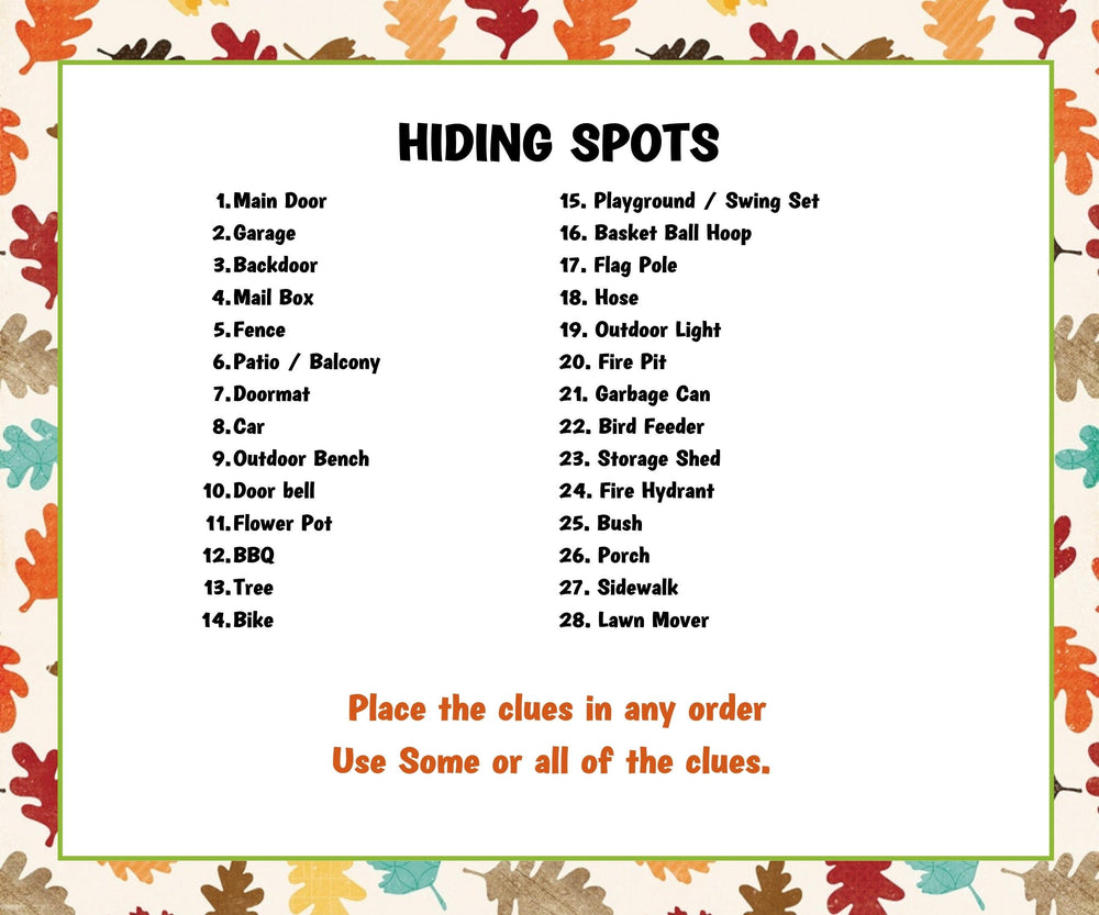 Outdoor Scavenger Hunt Clues for Kids, Outdoor Thanksgiving Scavenger ...